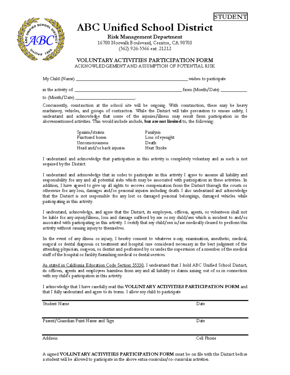 Ackno Assump Risk - Sports during School Construction - eeb 116 - UCLA ...