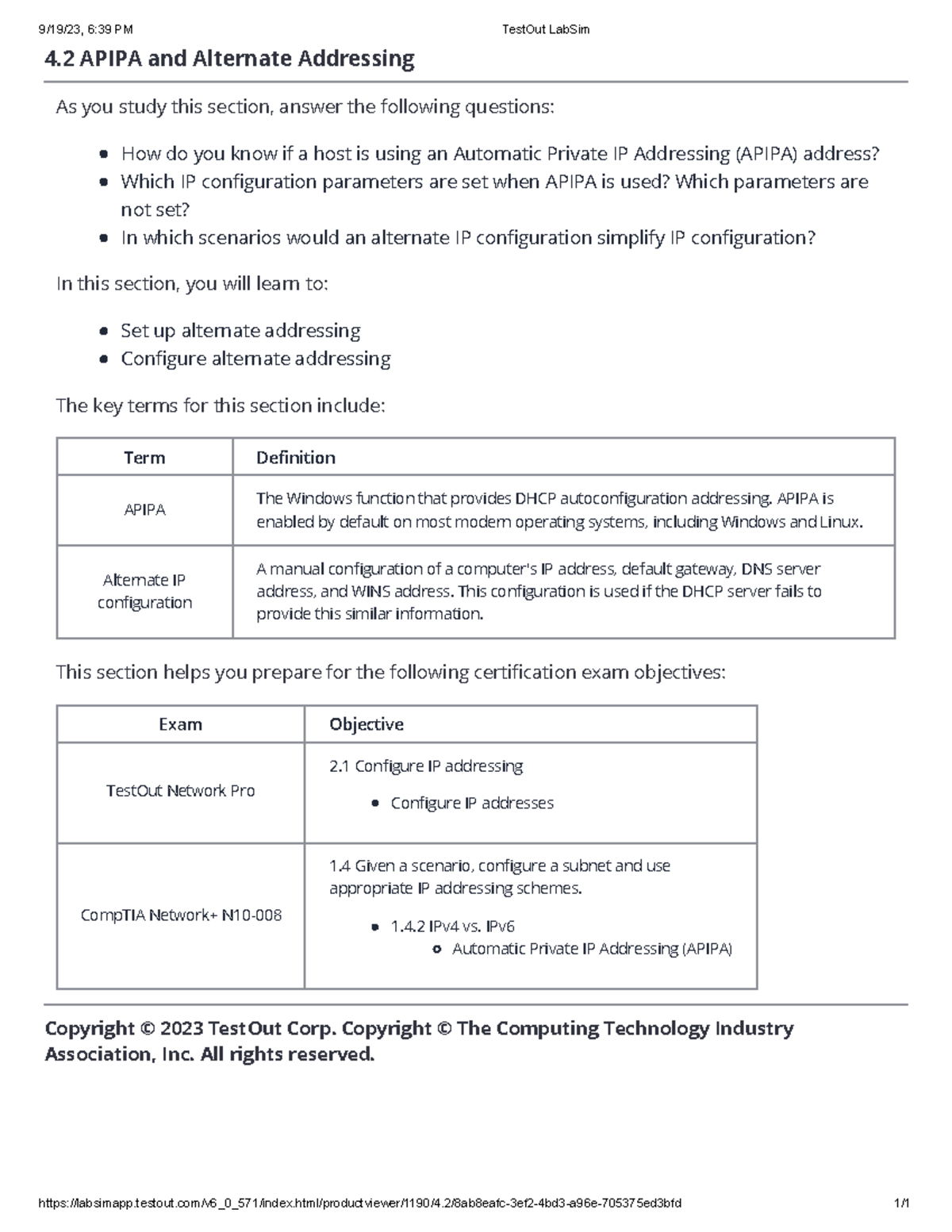 4.2 Apipa and Alternate Addressing - 9/19/23, 6:39 PM TestOut LabSim ...