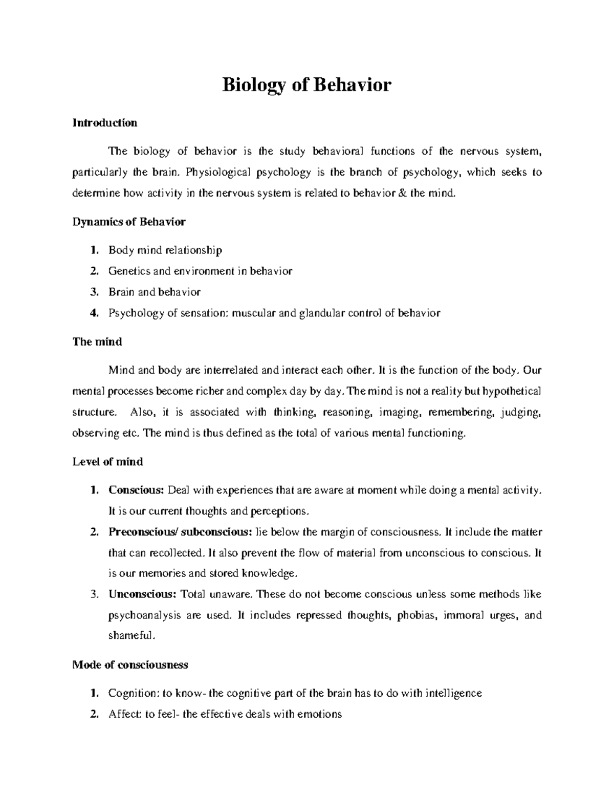 Biology of Behavior - Lecture notes 1 - Biology of Behavior ...