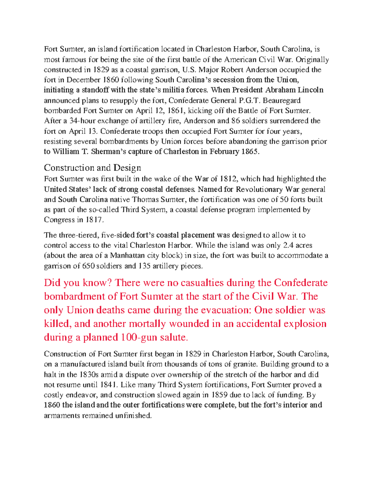 Fort Sumter Notes - Fort Sumter, an island fortification located in ...