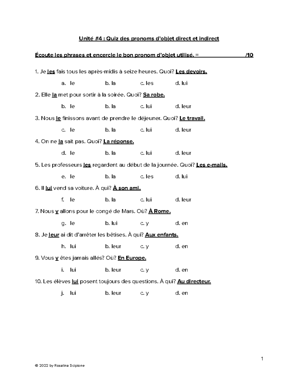 Quiz des pronoms d objet direct et indirect - Unité #4 : Quiz des ...