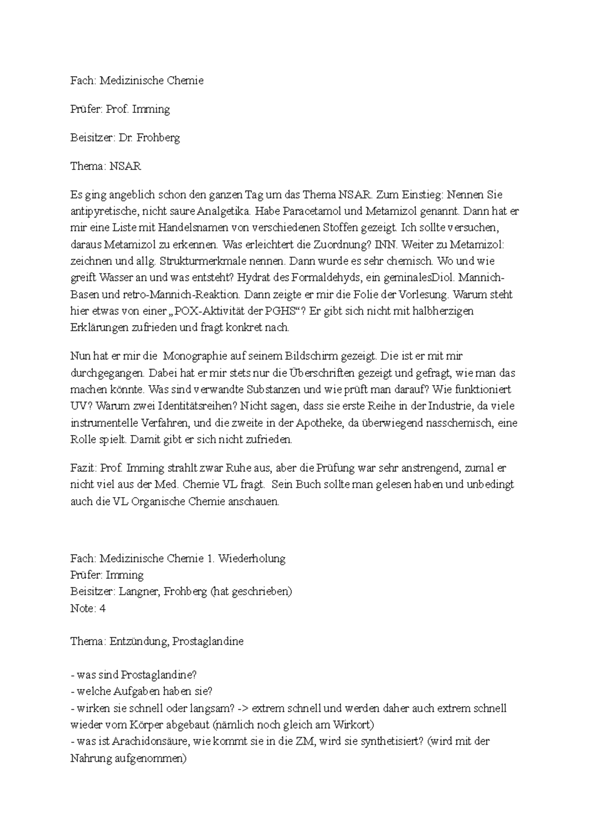 Imming - Pharmazeutische Pharmazie Examen - Fach: Medizinische Chemie ...