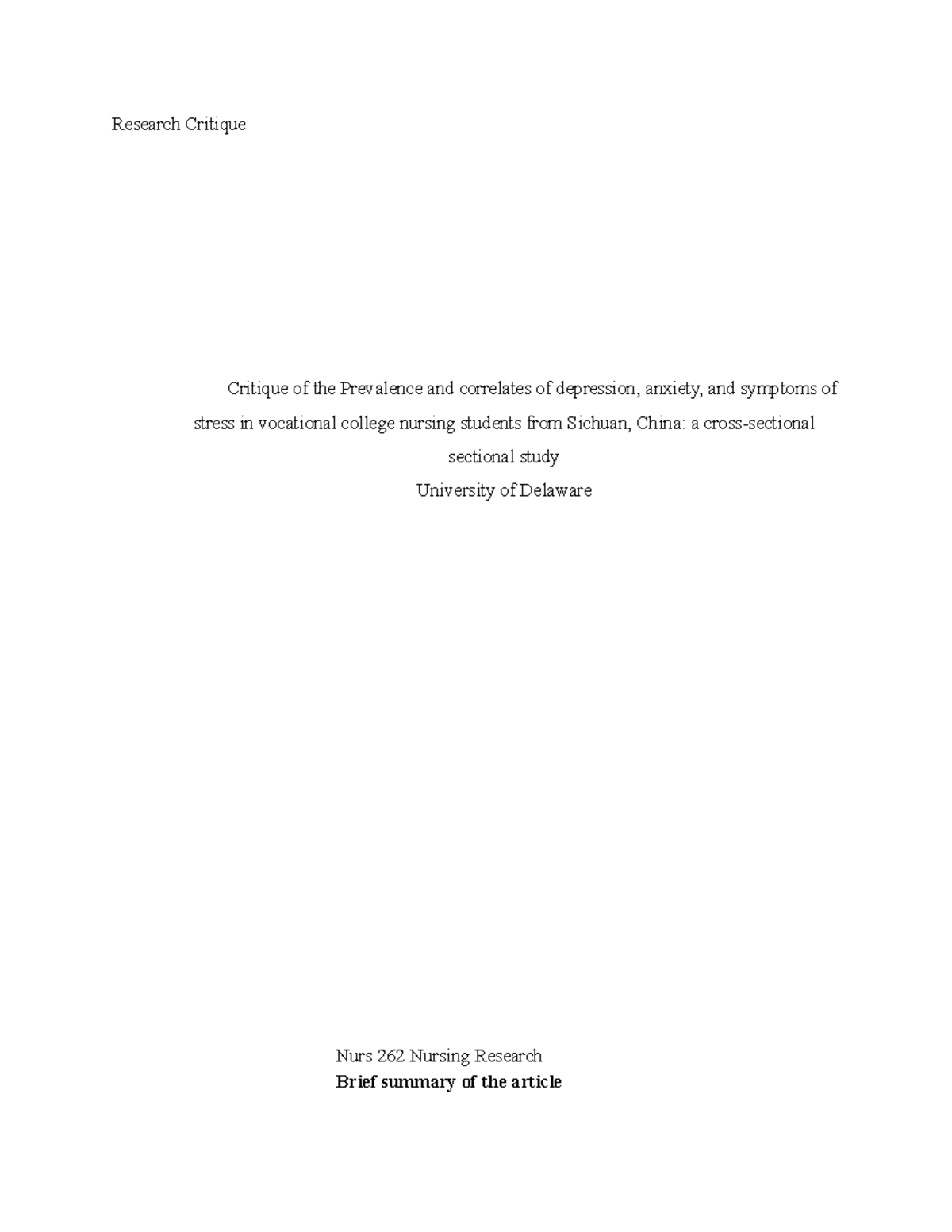 QUANtitative research paper - Research Critique Critique of the ...