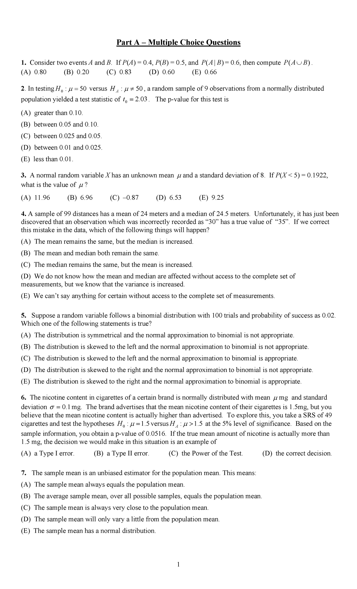 STAT 2507 Sample Final Exam - Part A – Multiple Choice Questions ...