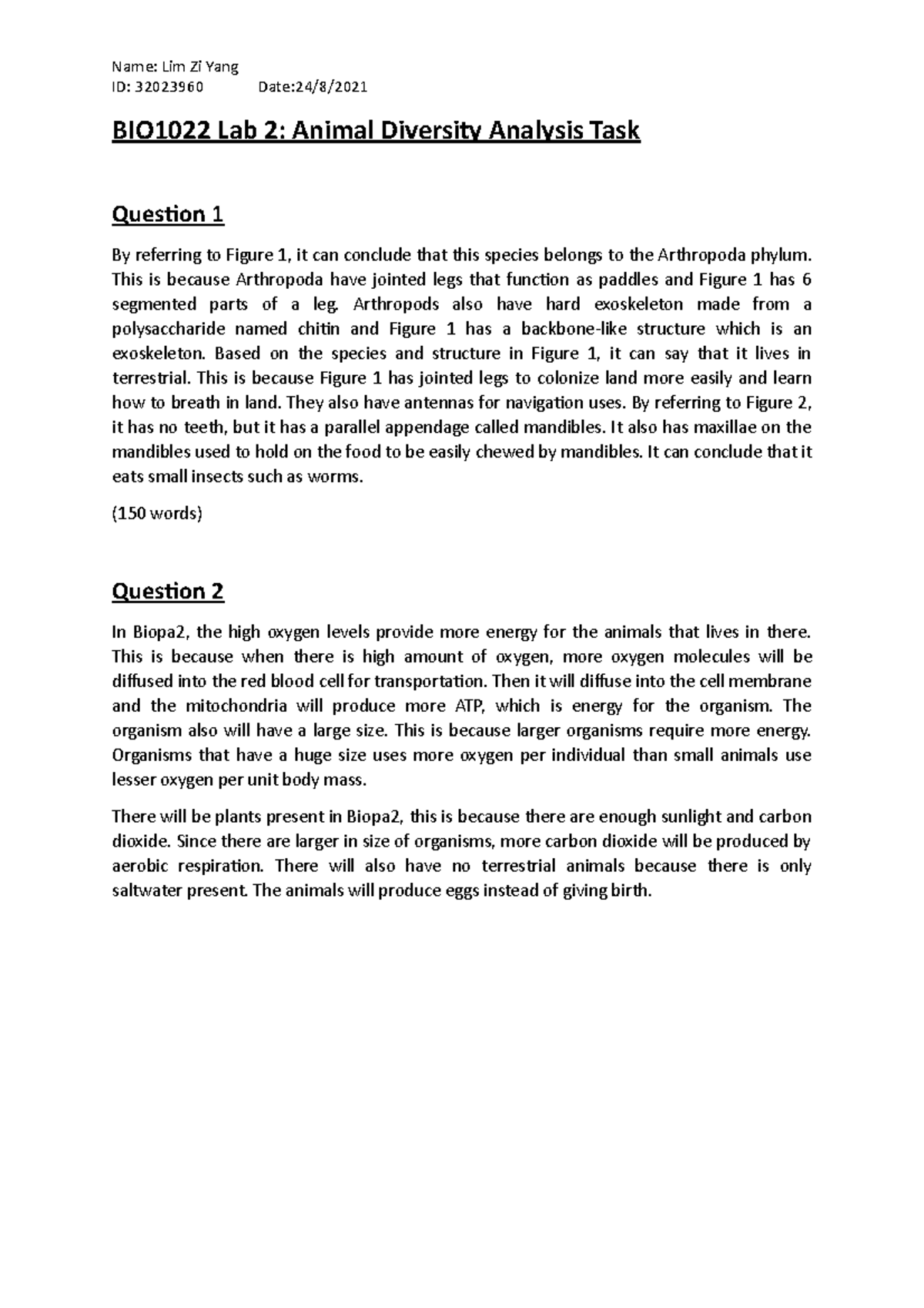 BIO1022 LAB Practice notes Monash University - Name: Lim Zi Yang ID ...
