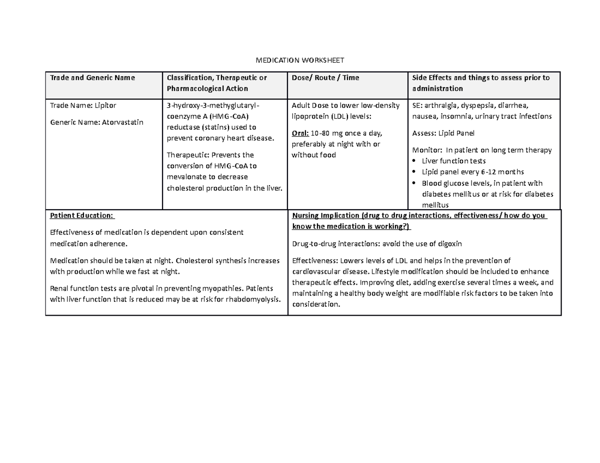 NURS 481 L Medication Worksheet Week 8 - MEDICATION WORKSHEET Trade and ...