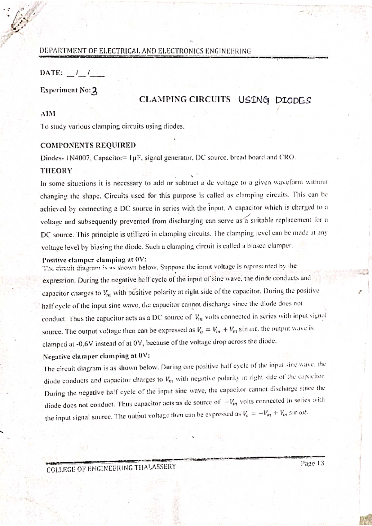 Analog electronics exp3 - electronics and electrical engeneering - Studocu