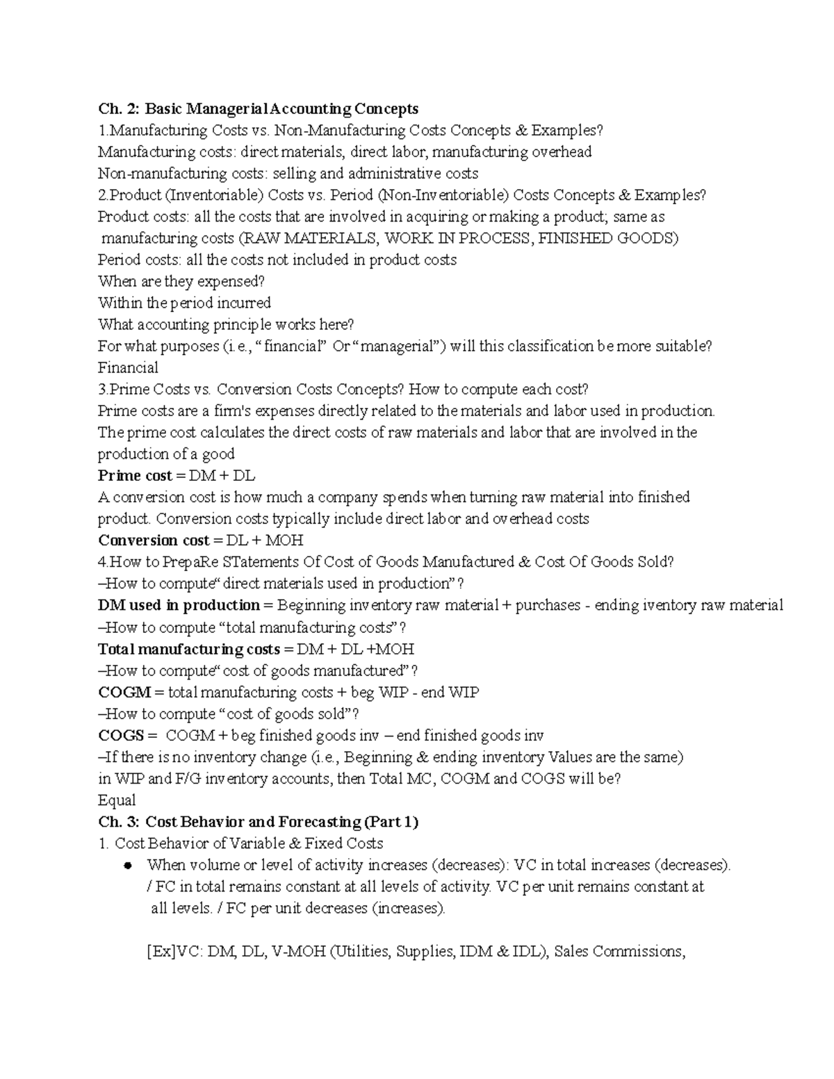 Exam 1 Study Guide - Ch. 2: Basic Managerial Accounting Concepts 1 ...