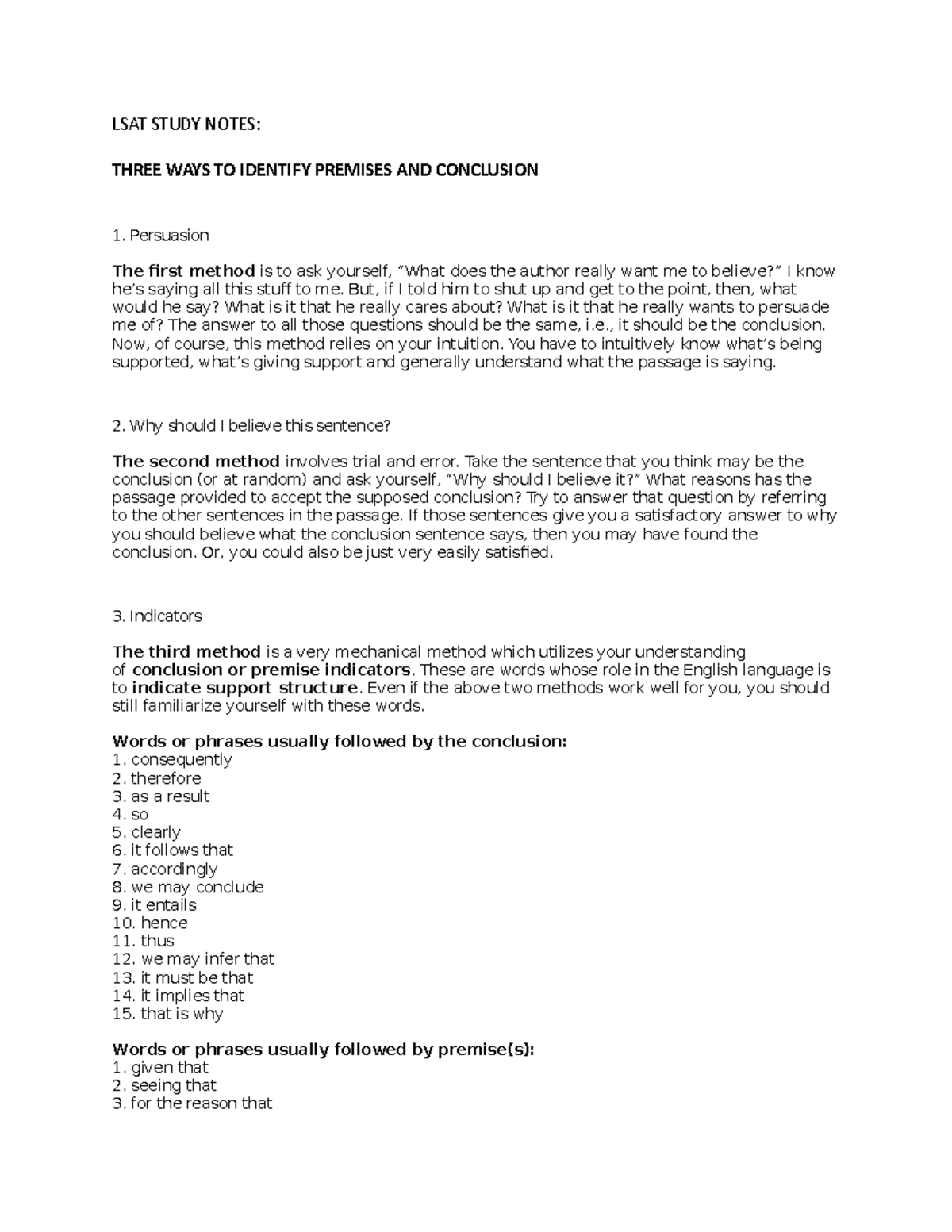 7sage notes - LSAT STUDY NOTES: THREE WAYS TO IDENTIFY PREMISES AND ...
