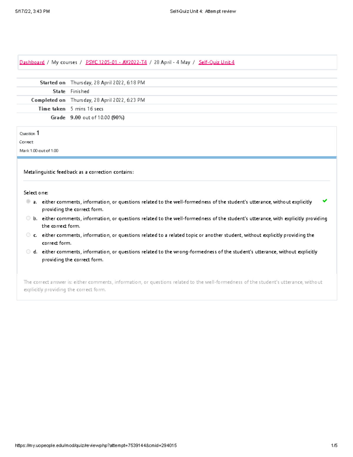 Self-Quiz Unit 4 Attempt review - Started on Thursday, 28 April 2022, 6:18 PM State Finished ...