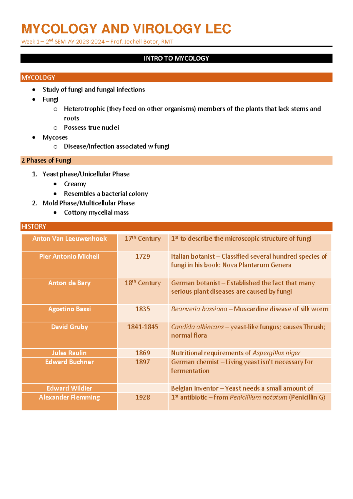 MV Prelims - intro to myco, lab - MYCOLOGY AND VIROLOGY LEC Week 1 – 2 nd SEM AY 2023- 2024 ...