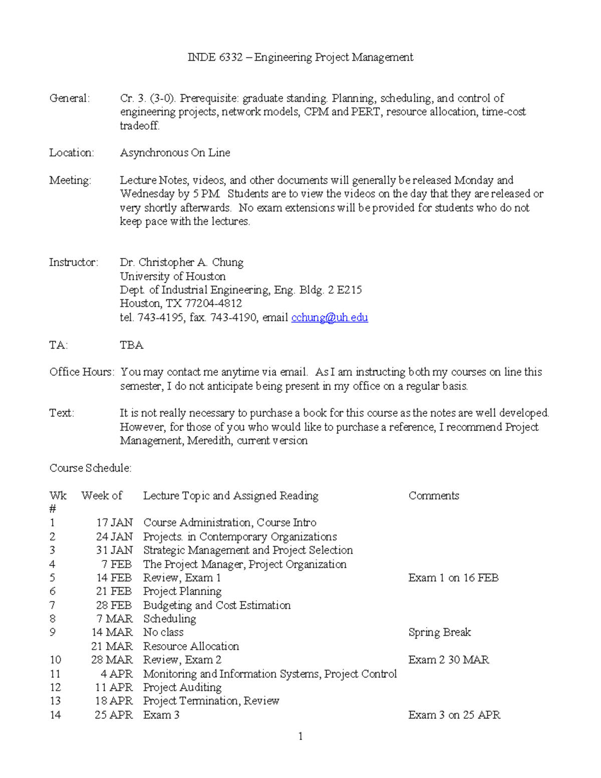Syllabus - INDE 6332 – Engineering Project Management General: Cr. 3 ...