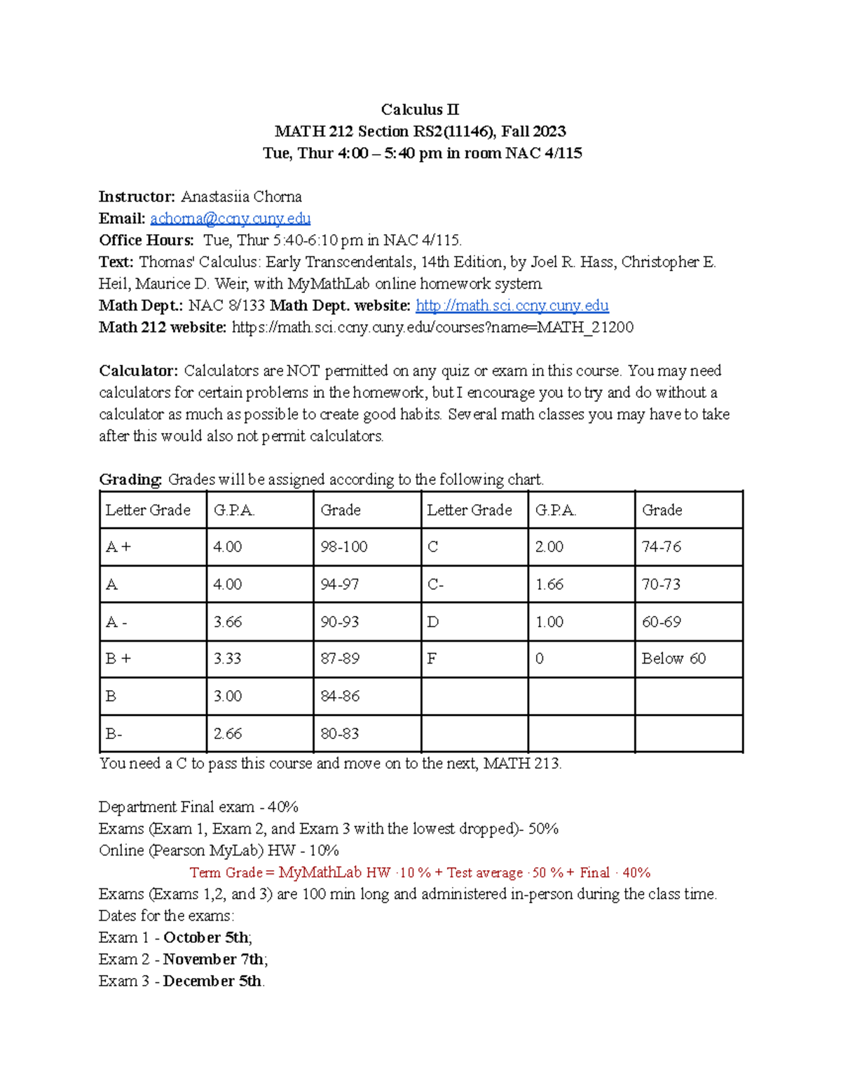 Calculus II Syllabus RS2 (F23) - PHY 5000 - Baruch College - Studocu