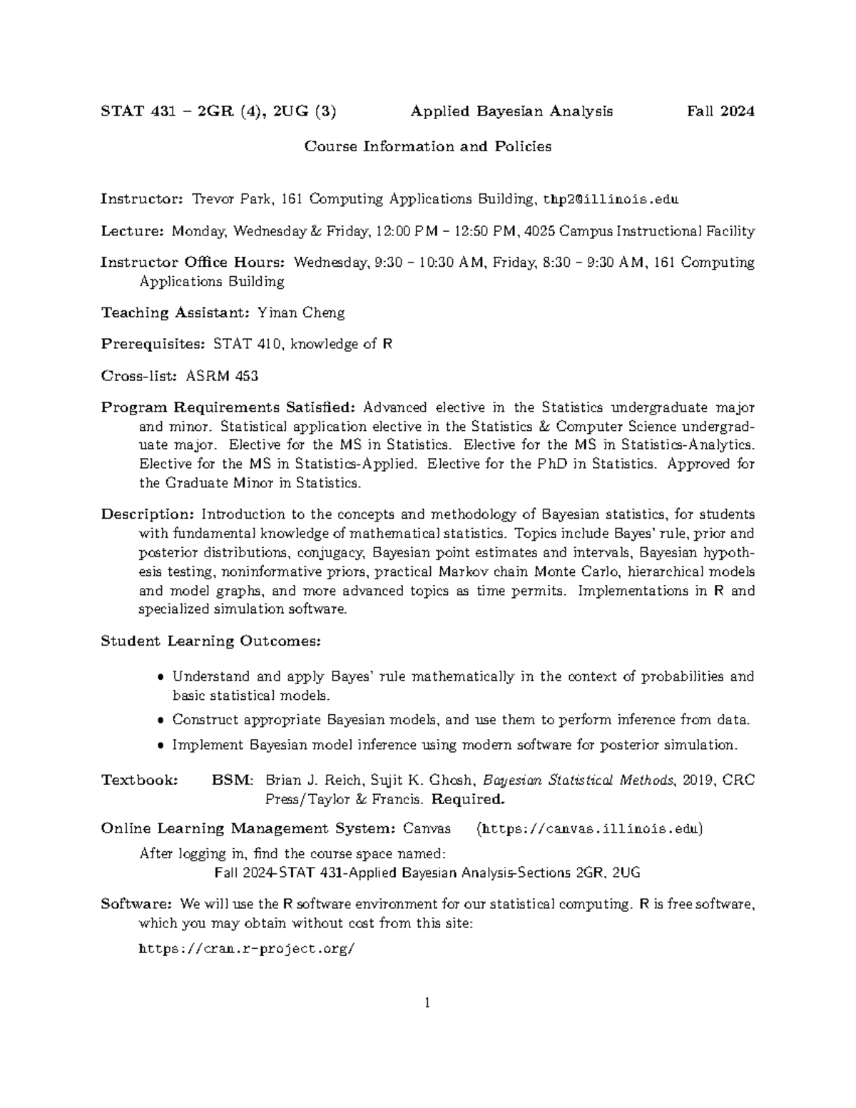 Syllabus - STAT 431 – 2GR (4), 2UG (3) Applied Bayesian Analysis Fall 2024 Course Information ...