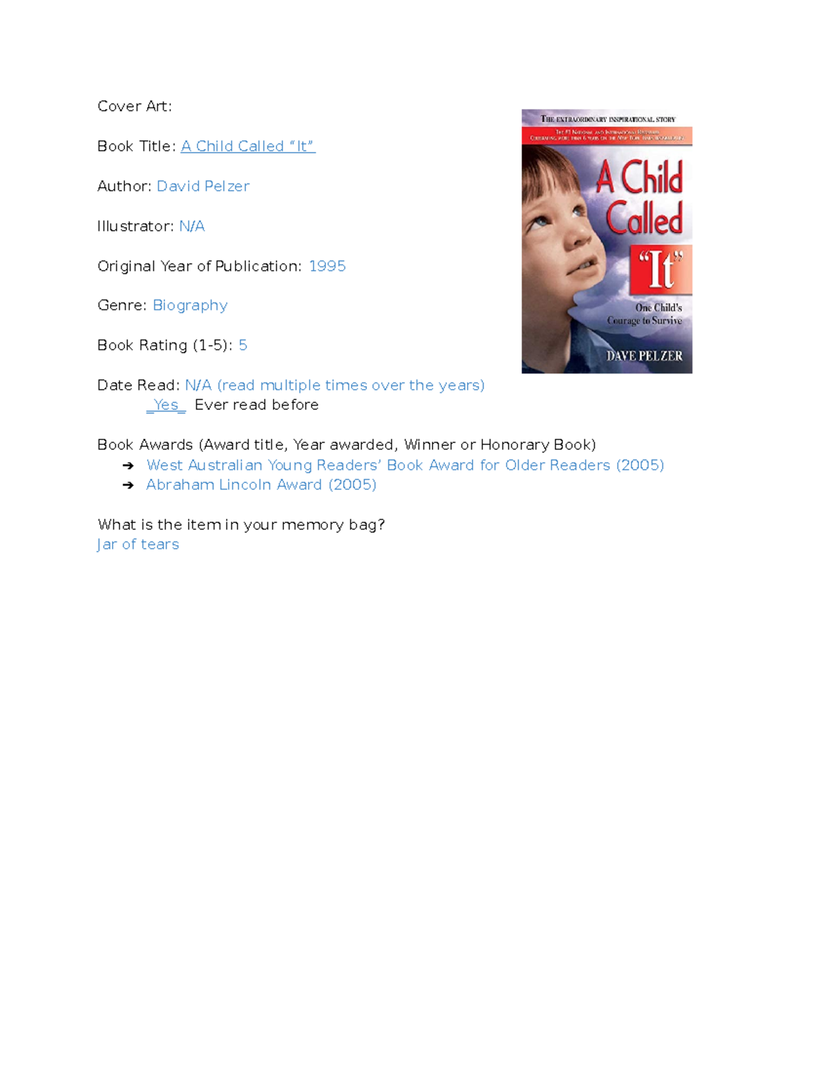 A Child Called It memory bag activity form - Cover Art: Book Title: A ...