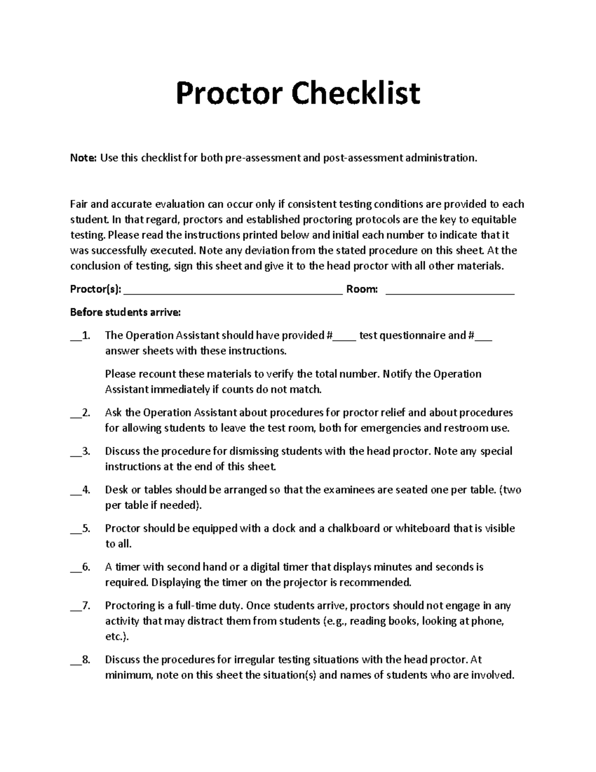 Proctor Checklist - Bznend db - Proctor Checklist Note: Use this ...
