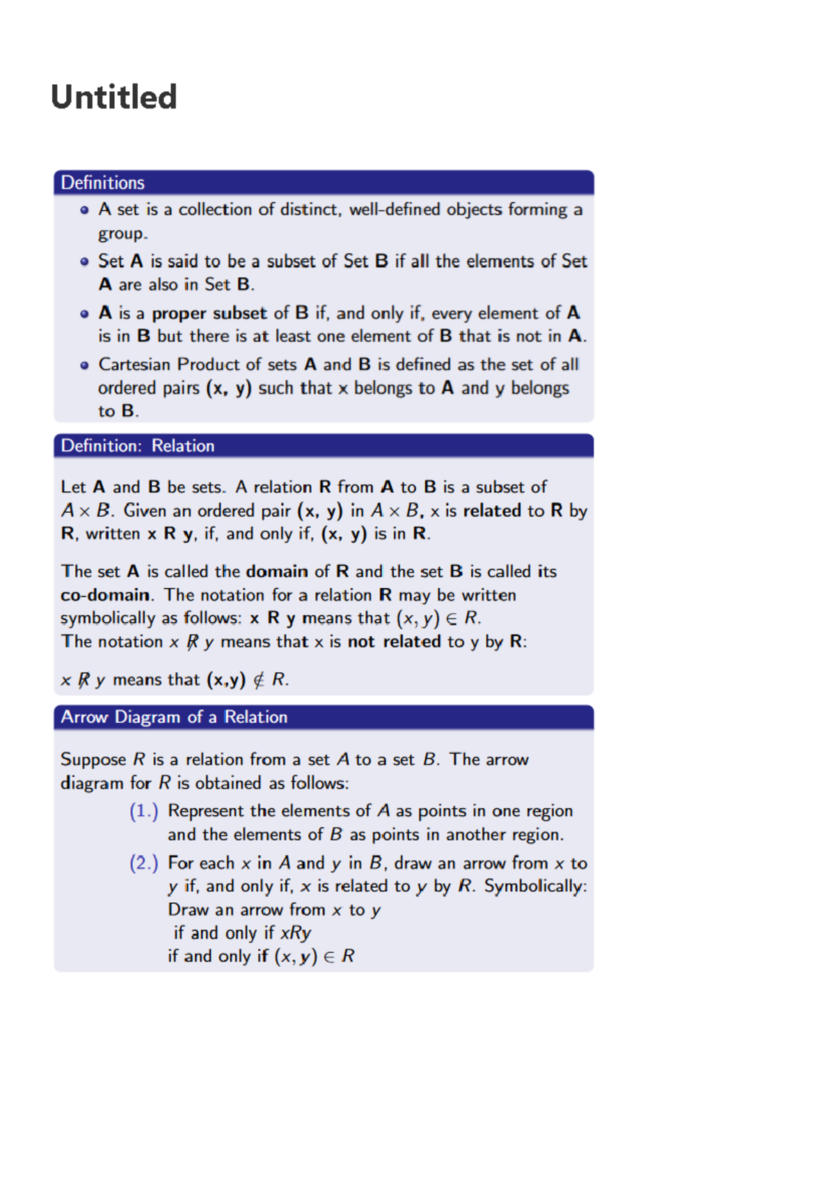 Untitled - slides - Untitled Definitions A set is a collection of ...