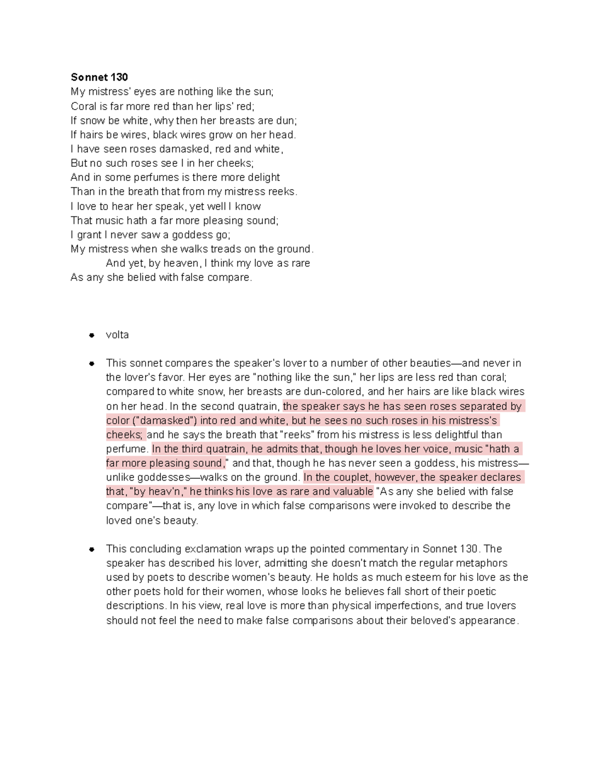 ENG110 Sonnet 130 Notes - Sonnet 130 My mistress’ eyes are nothing like ...