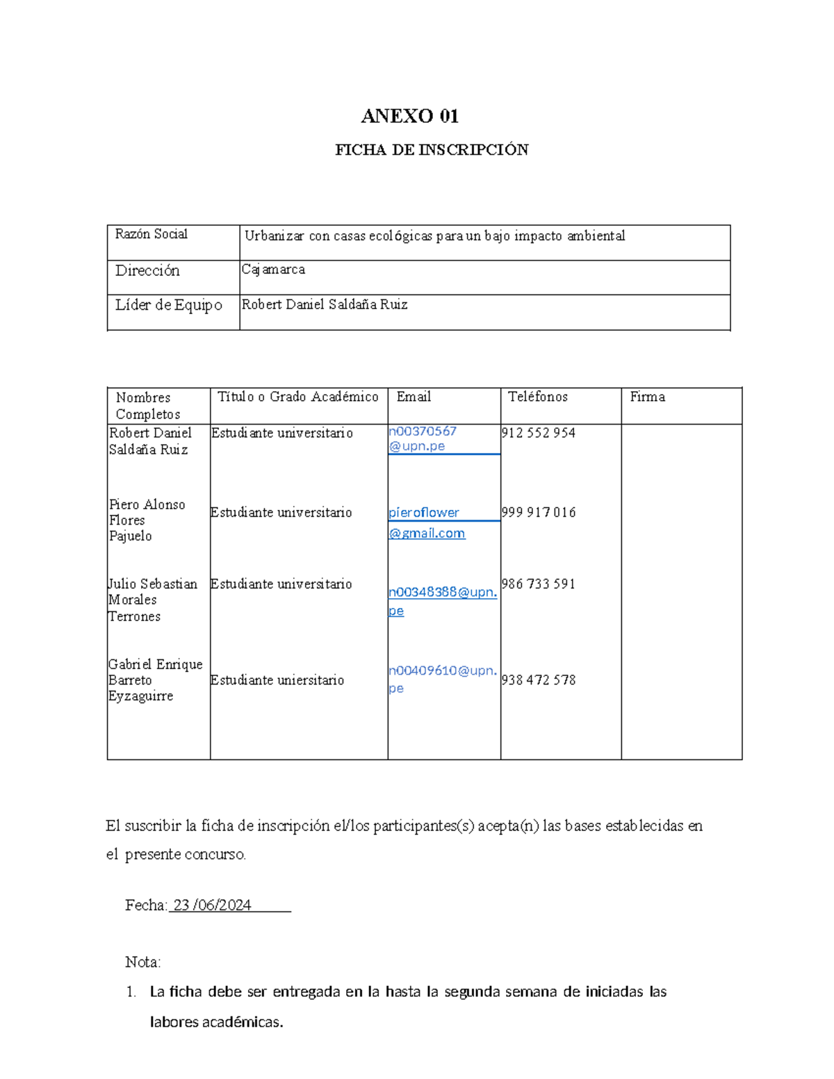 Taller de resolucion de problemas t3 grupo 9 - ANEXO 01 FICHA DE INSCRIPCIÓN Razón Social ...