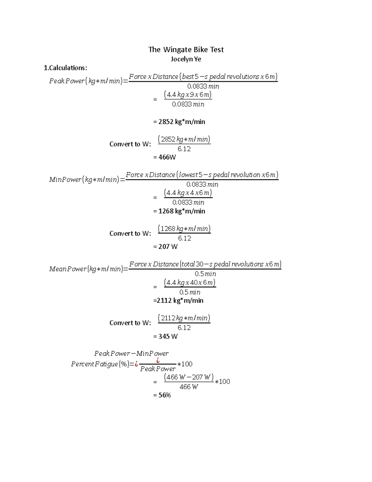 Wingate Bike Test - Lab - The Wingate Bike Test Jocelyn Ye 1: - Studocu