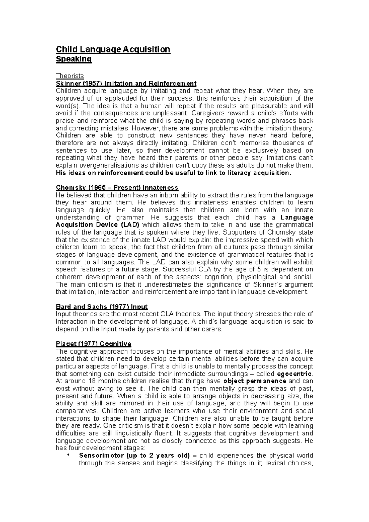 Child Lan - Overall English A level notes - Child Language Acquisition ...