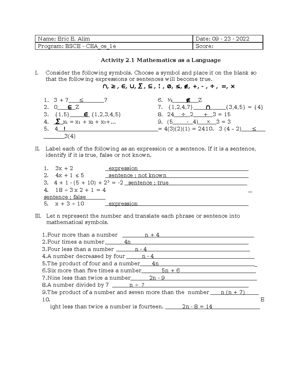 Activity 2.1 Mathematics as a Language - Alim BSCE 1e - Name: Eric E ...