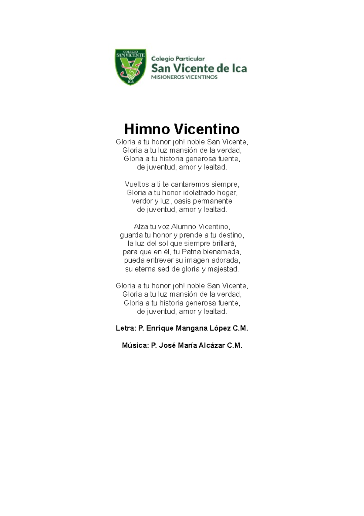 Himno Vicentino - Himno Vicentino Gloria a tu honor ¡oh! noble San ...