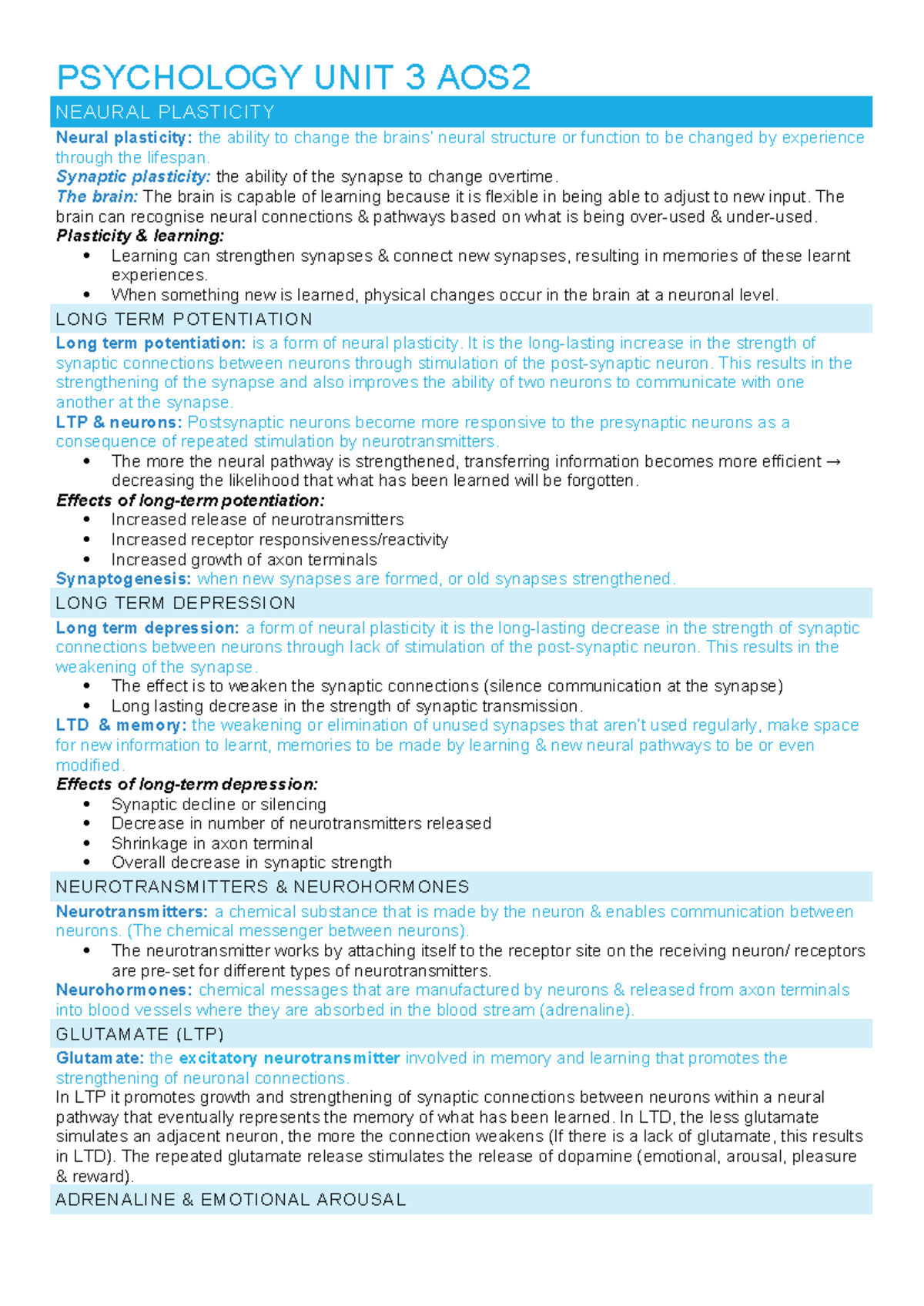 Unit 3 AOS 2 notes - psych - PSYCHOLOGY UNIT 3 AOS 2 NEAURAL PLASTICITY ...