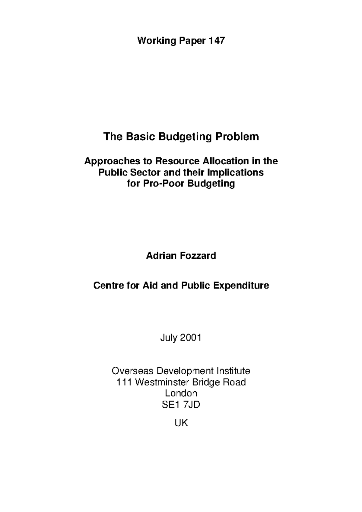 The Basic Budgeting Problem - A CASE STUDY - Working Paper 147 The ...