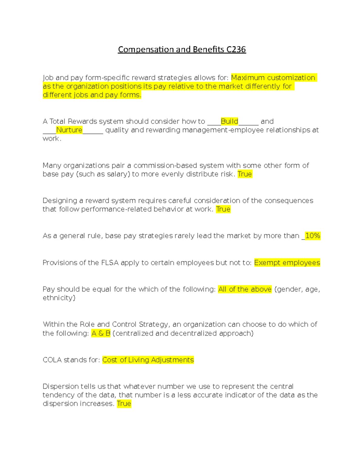 Compensation and Benefits C236 final test practice - Compensation and ...