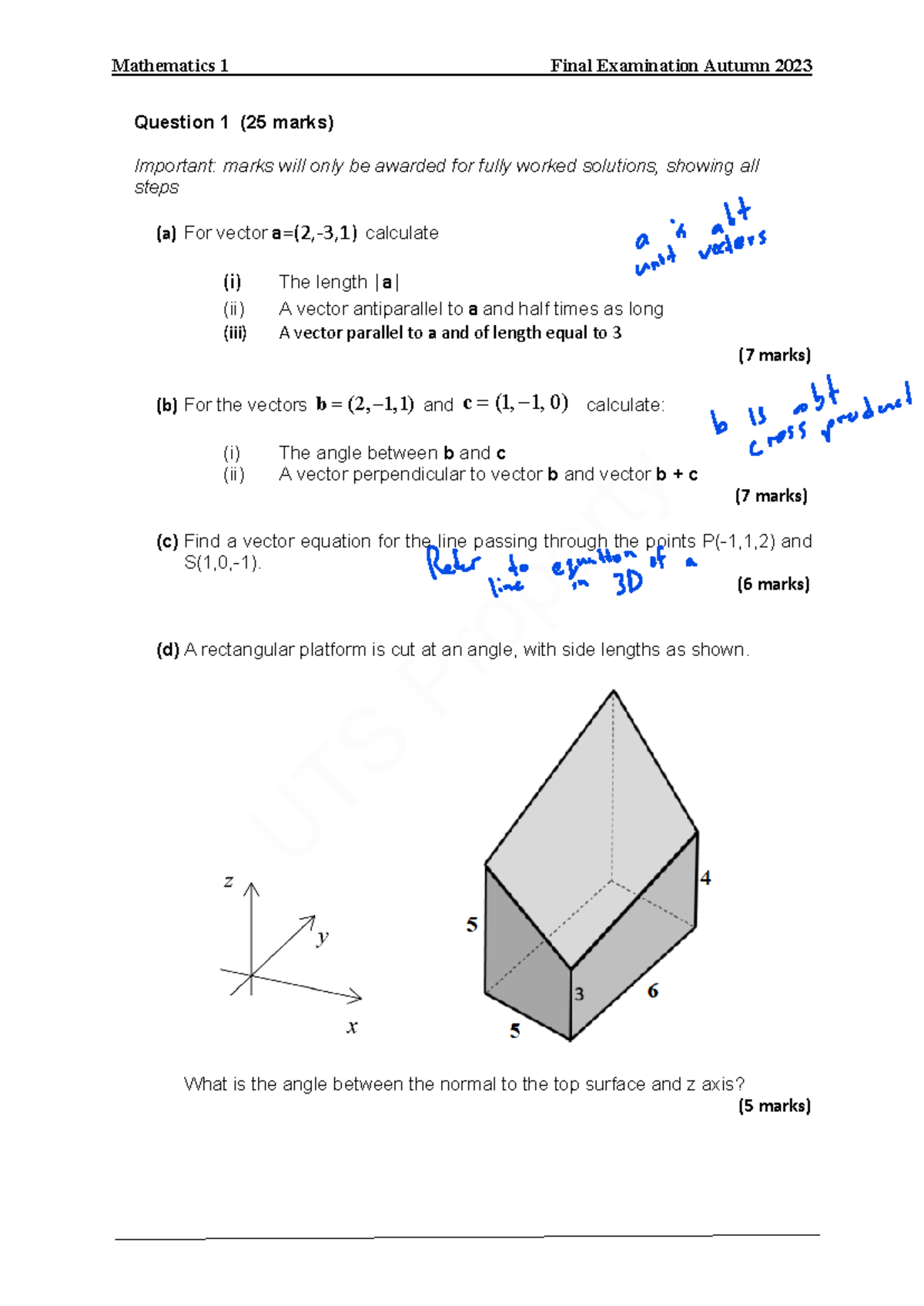 Q1 Ve A - Practice Questions - Mathematics 1 Final Examination Autumn ...