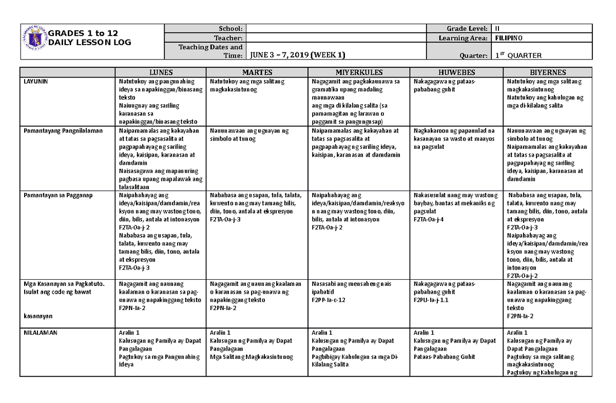 DLL Filipino 2 Q1 W1 - Lecture notes. - GRADES 1 to 12 DAILY LESSON LOG ...