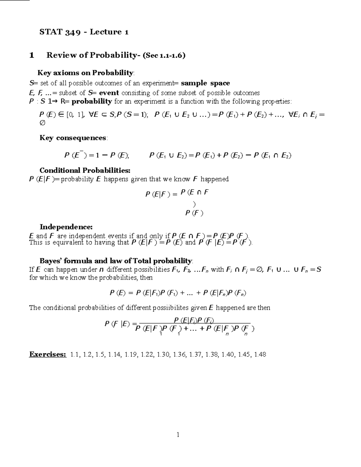 Stat349-lec1-1 - lecture 1 part 1 - STAT 349 - Lecture 1 1 Review of Probability- (Sec 1.1-1 ...