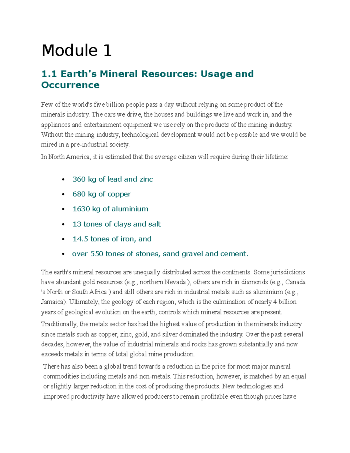 Module 1-4 - MIne notes - Module 1 1 Earth's Mineral Resources: Usage ...
