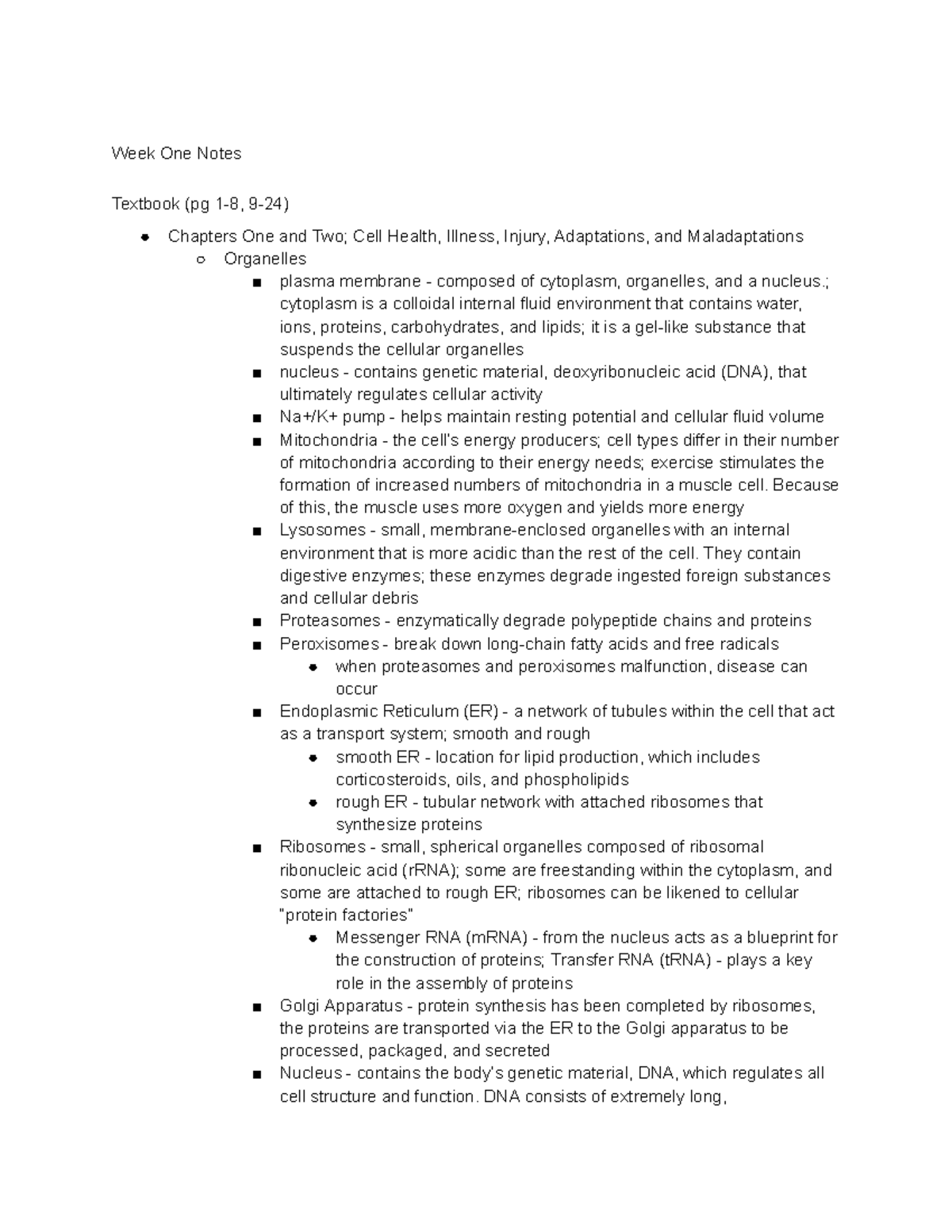 NURS 351A Pathophysiology Notes - Week One Notes Textbook (pg 1-8, 9-24 ...