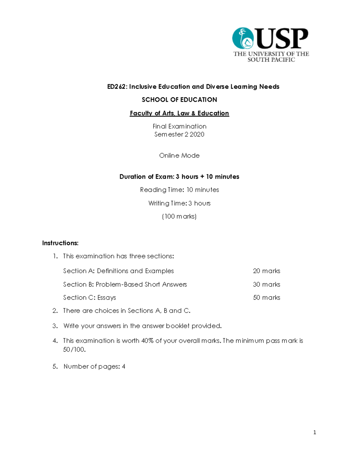 Updated ED 262 End of semester exam S2 2020 15102020 - ED262: Inclusive ...