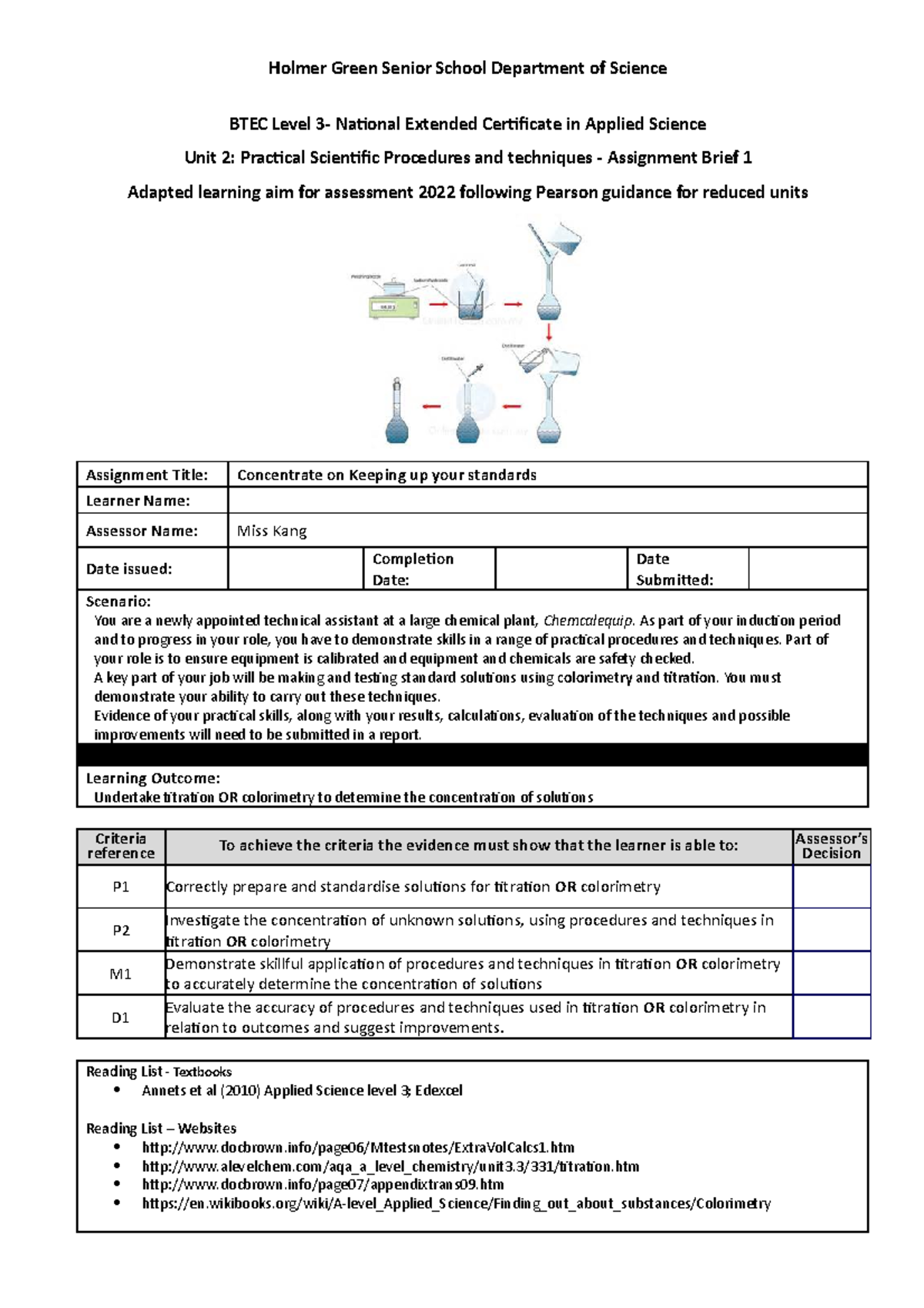 U2 - Assignment Brief 1 - mm;;mmm; - Holmer Green Senior School Department of Science BTEC Level ...