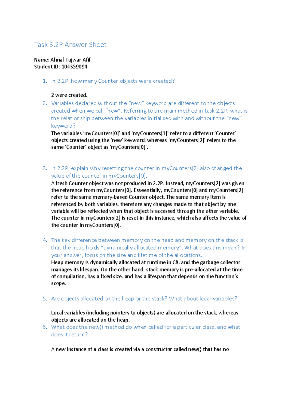 3.2P Stack And Heap - Task 3 Answer Sheet Name: Ahnaf Tajwar Afif Student ID: 104359094 In 2 ...