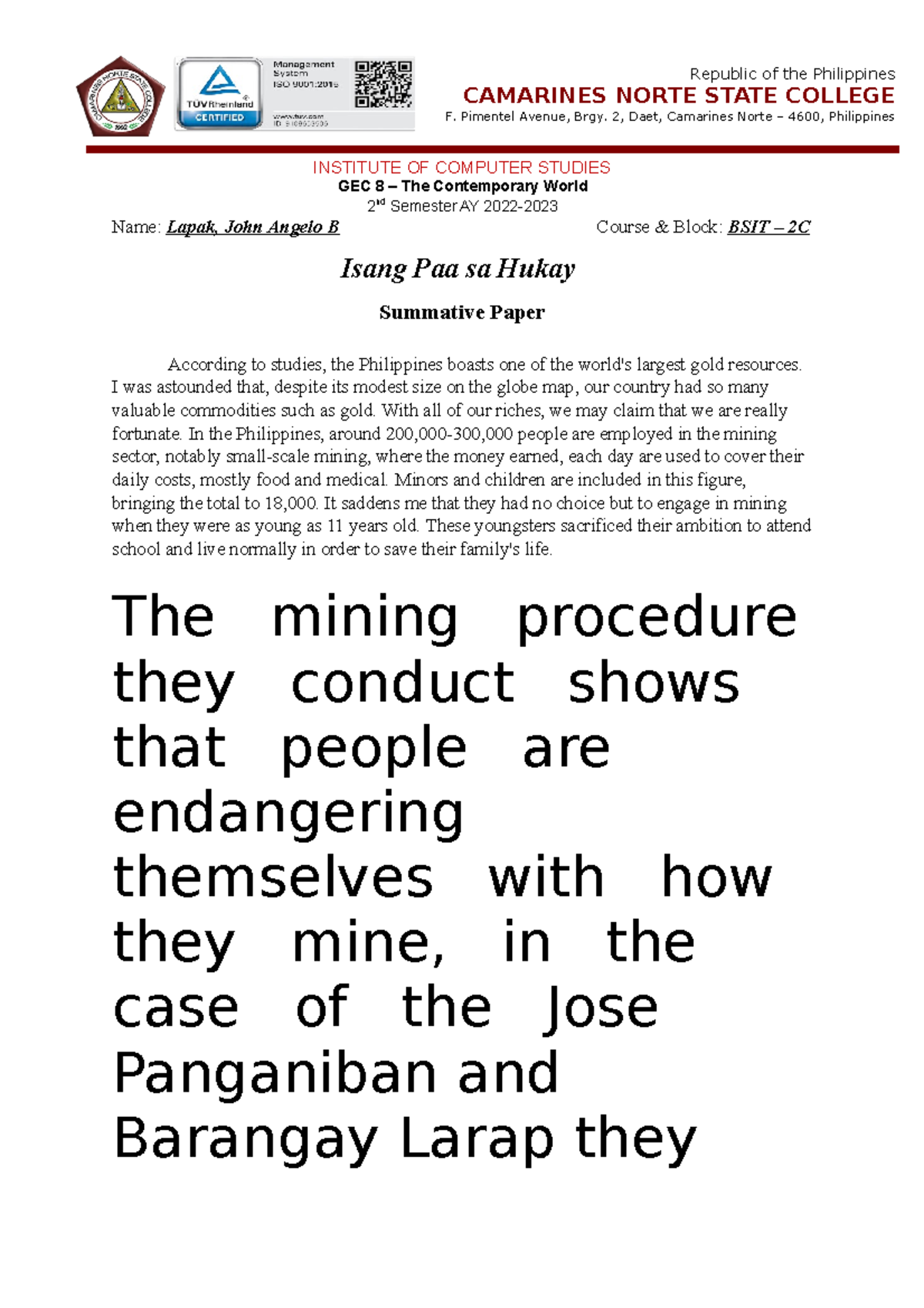 GEC 8 - Summative Paper - Isang Paa sa Hukay - INSTITUTE OF COMPUTER ...