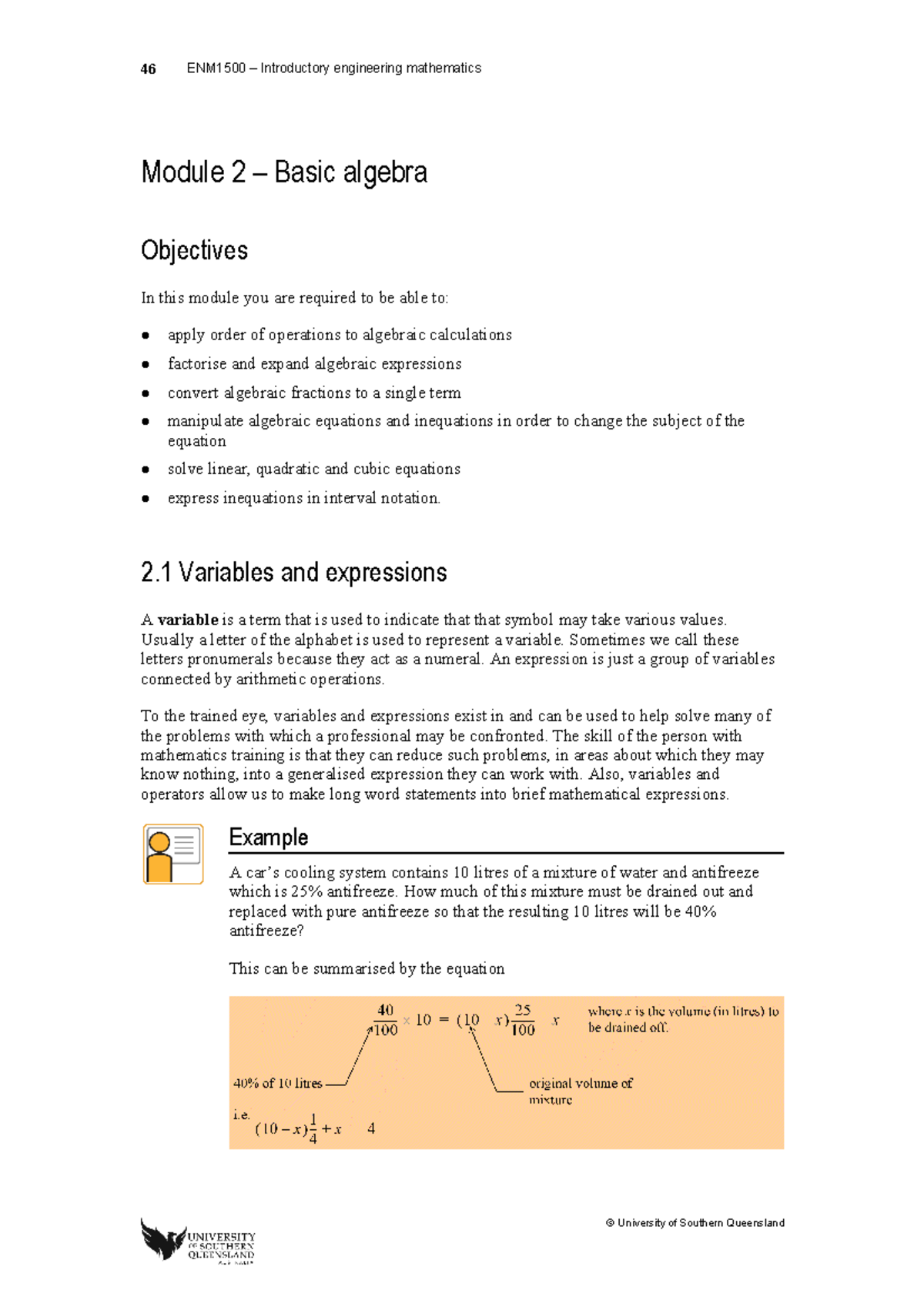 ENM1500 2013 Module 2 Summary - Module 2 – Basic algebra Objectives In ...