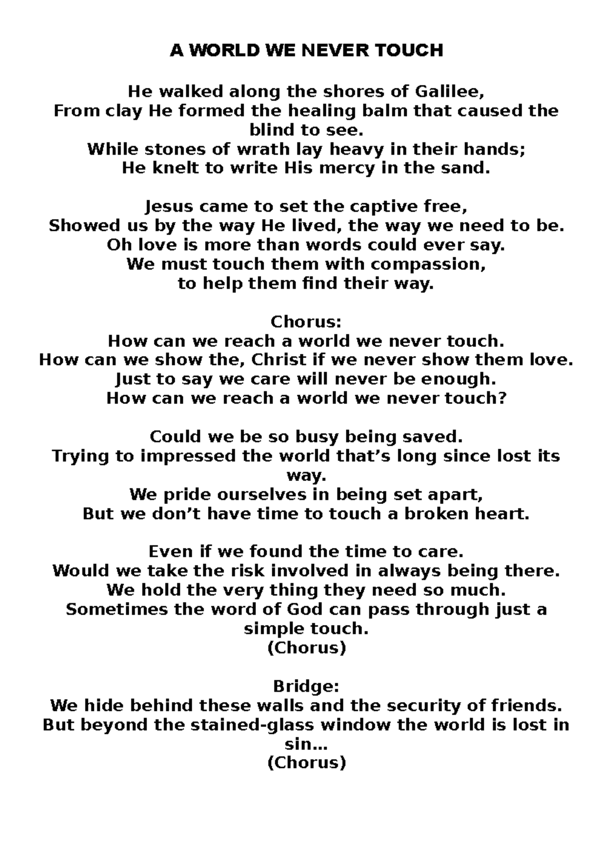 A World WE Never Touch - Christian Song - A WORLD WE NEVER TOUCH He ...