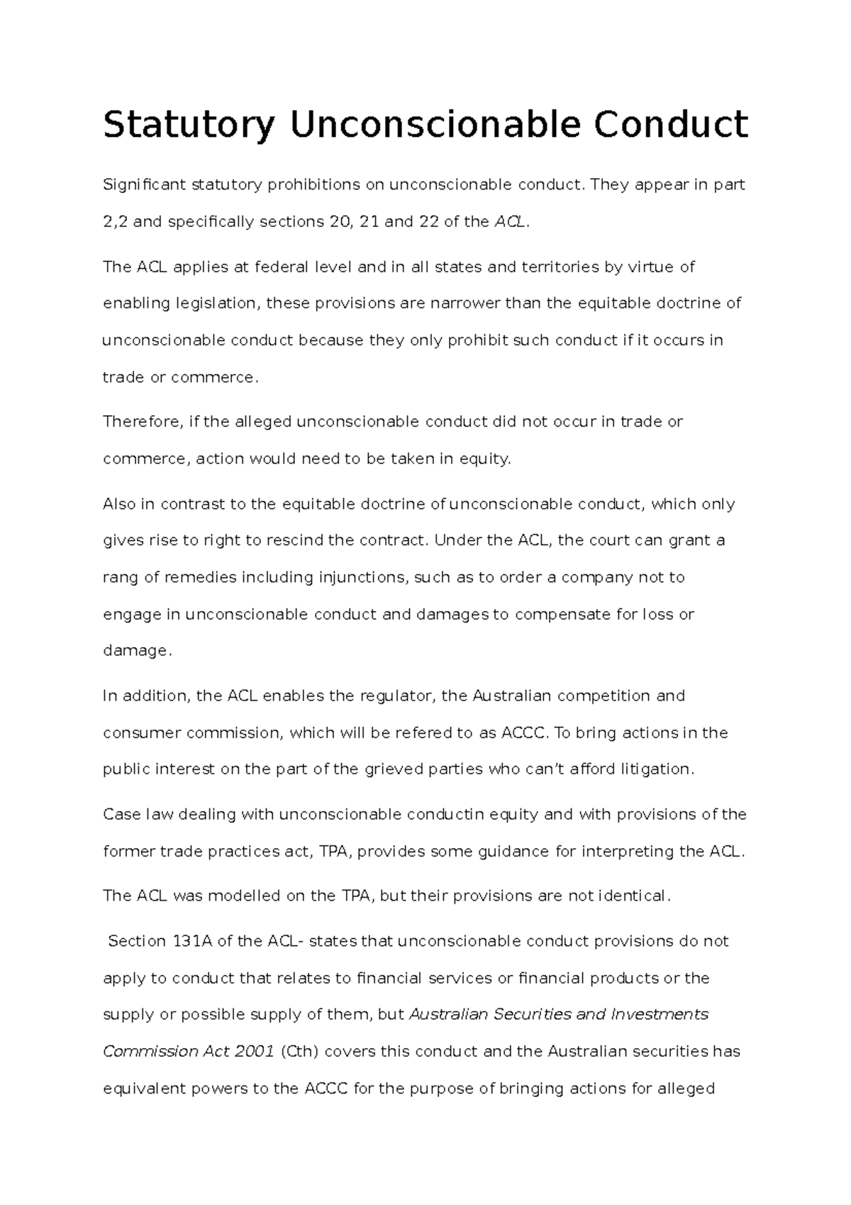 Statutory Unconscionable Conduct - Statutory Unconscionable Conduct ...