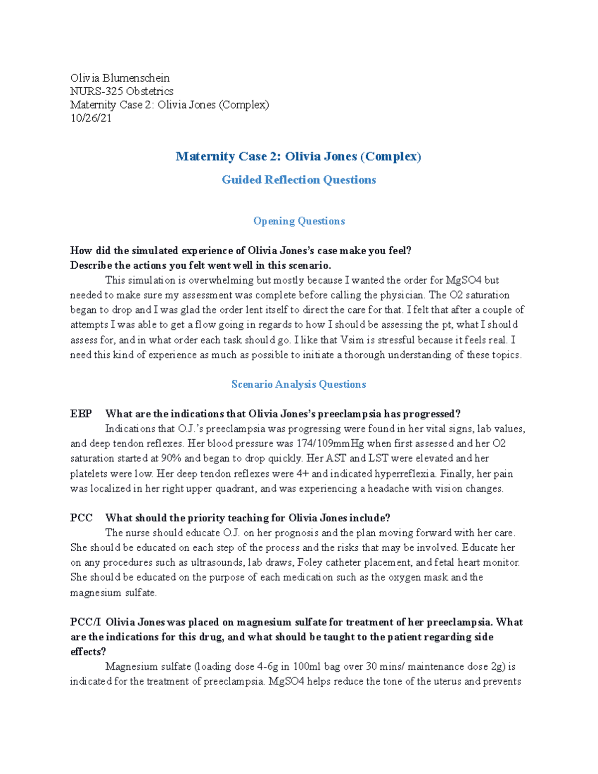 Maternity Case 2 Olivia Jones (Complex) - Olivia Blumenschein NURS-325 ...