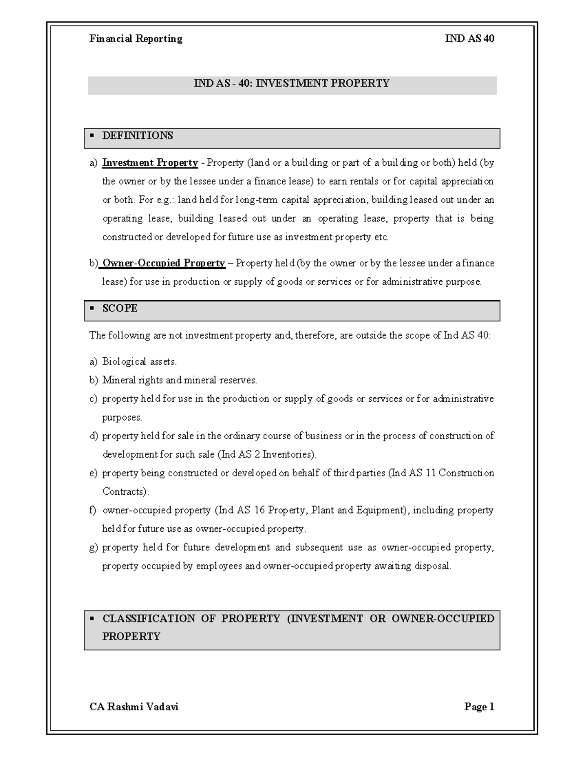 Ind AS 40 - Notes on IND AS 40 by CA Rashmi Vadavi mam - IND AS - 40 ...
