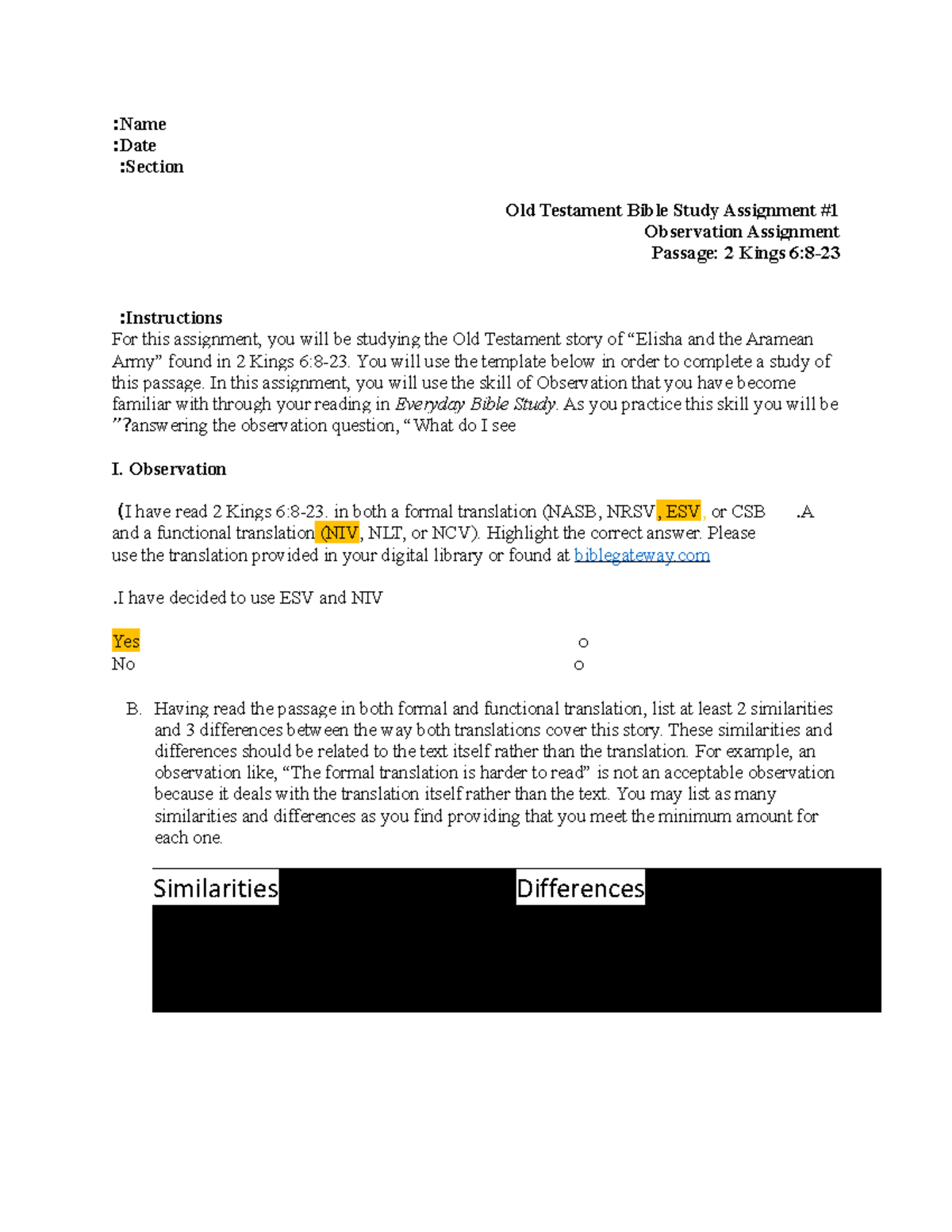 BIBL OT Bible Study Observation - :Name : Date : Section Old Testament ...
