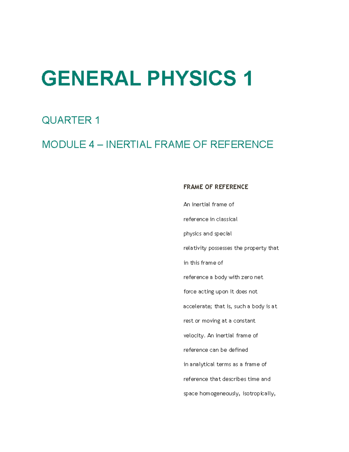 General Physics 1 - GENERAL PHYSICS 1 QUARTER 1 MODULE 4 – INERTIAL ...