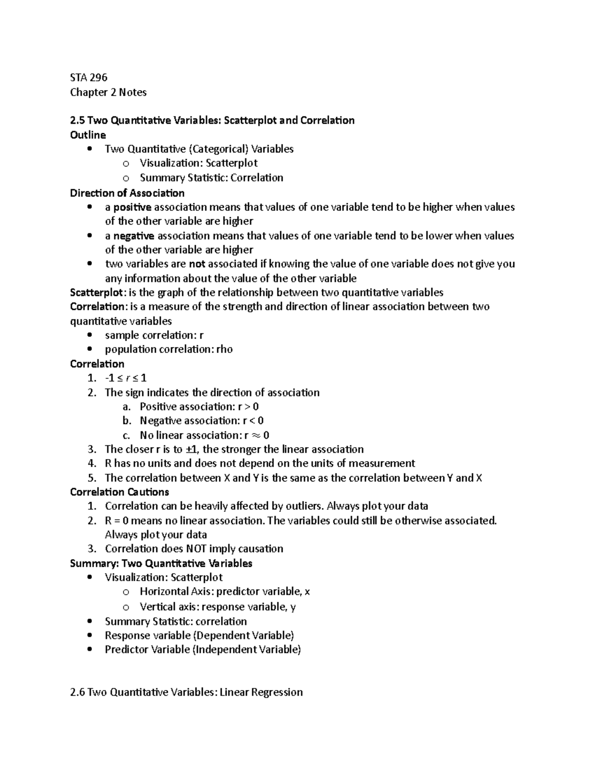 STA 296 Ch 2 Notes - 2.5 Two Quantitative Variables: Scatterplot and ...