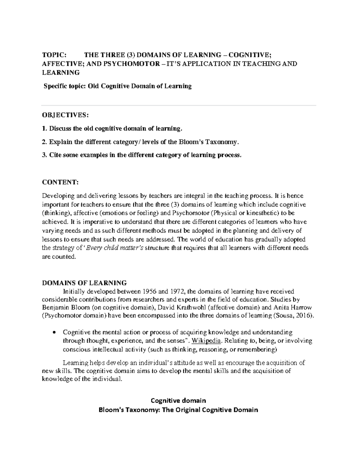 Domains of Learning (Notes) - TOPIC: THE THREE (3) DOMAINS OF LEARNING ...
