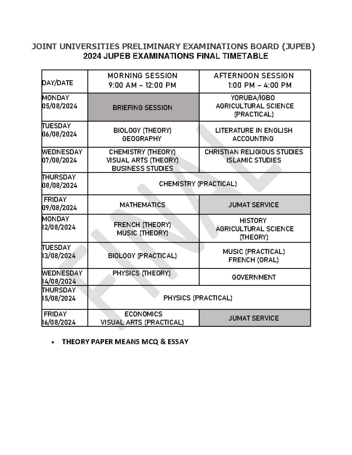 2024 Examination Timetable - Final - JOINT UNIVERSITIES PRELIMINARY ...