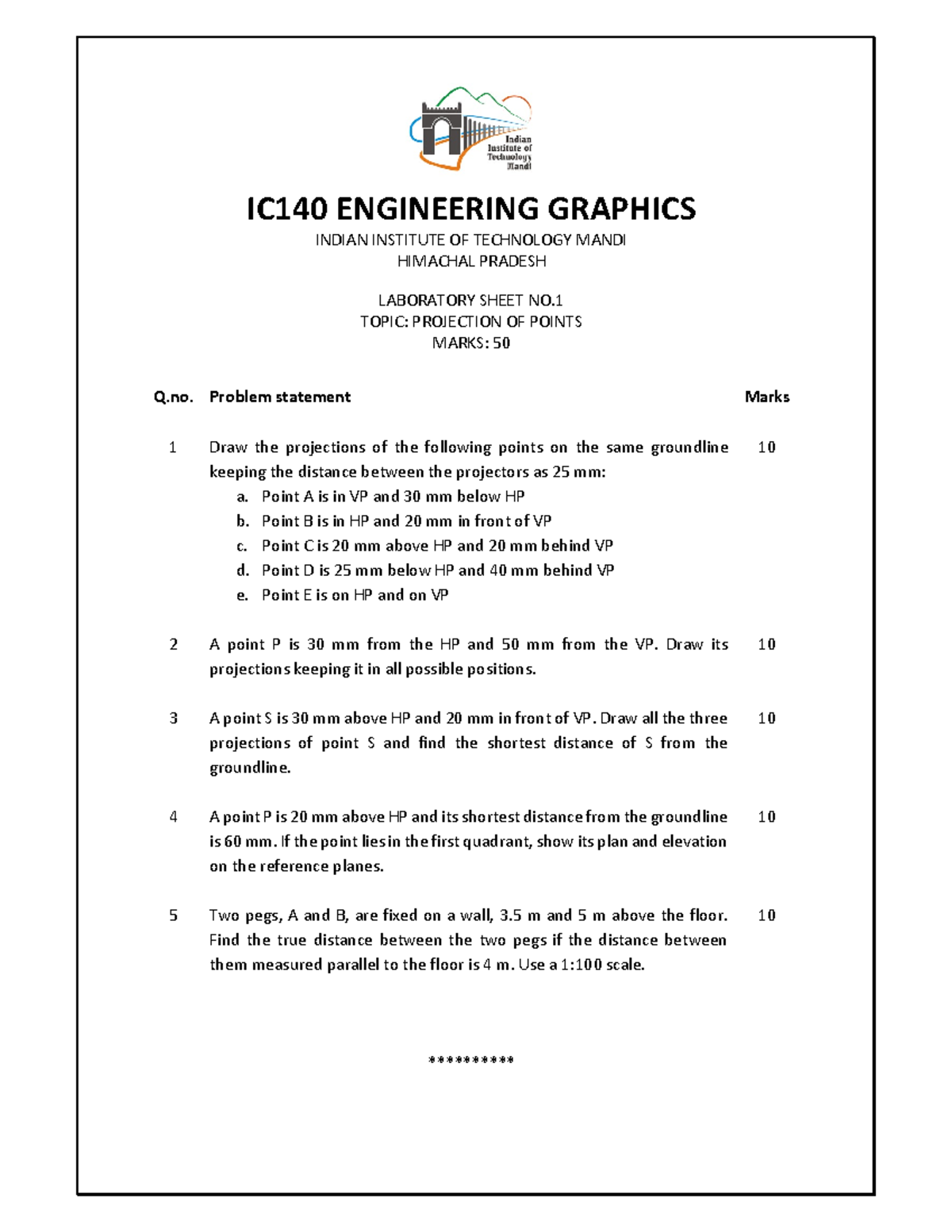 Lab-1 Projection of points - IC140 ENGINEERING GRAPHICS INDIAN INSTITUTE OF TECHNOLOGY MANDI ...